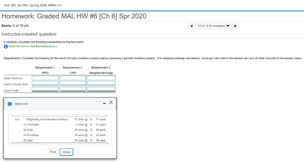 Solved ACC 201, Sec 001, Spring 2020, Miller (1) Homework: | Chegg.com
