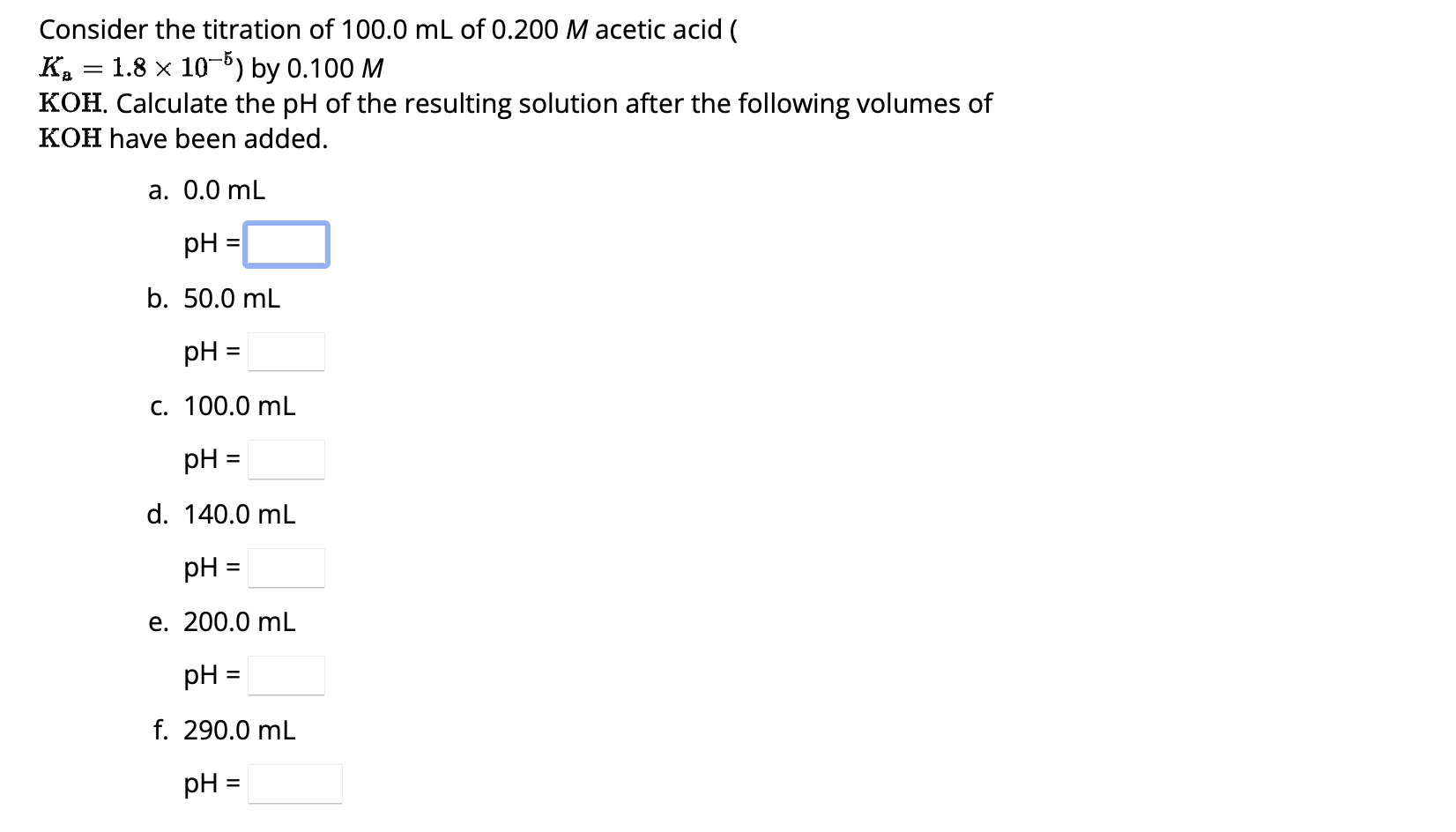 Solved Consider the titration of 100.0 mL of 0.200M acetic | Chegg.com