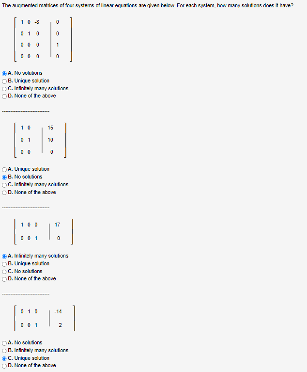 Solved The augmented matrices of four systems of linear | Chegg.com