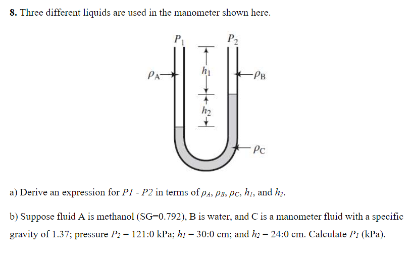 Solved 8. Three different liquids are used in the manometer | Chegg.com