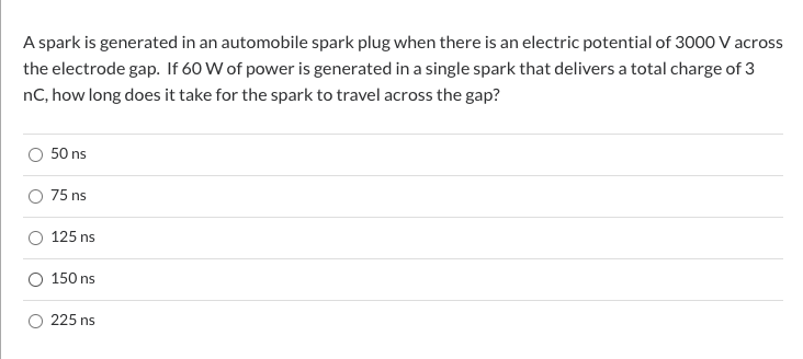 Solved A spark is generated in an automobile spark plug when | Chegg.com