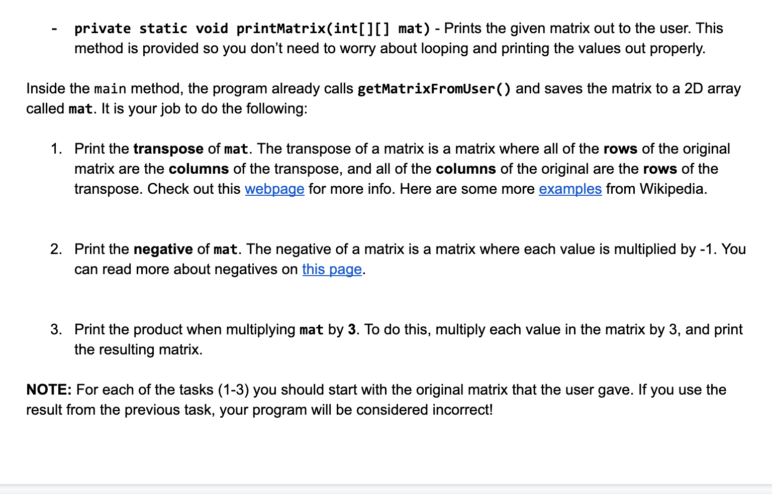 Solved Intro to Java Project 2: Enter the Matrix Background | Chegg.com