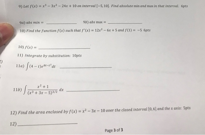 Solved 9) Let f(x) = x3-3x2-24x + 10 on interval-5, 10 Find | Chegg.com