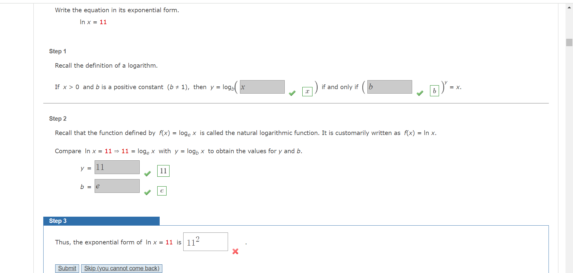 Solved Write the equation in its exponential form.lnx=11Step | Chegg.com