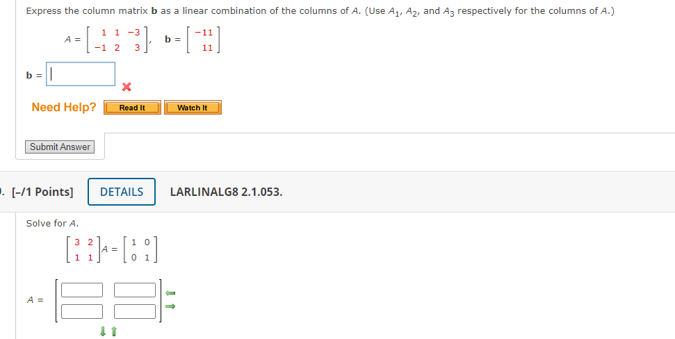 Solved Express the column matrix b as a linear combination | Chegg.com