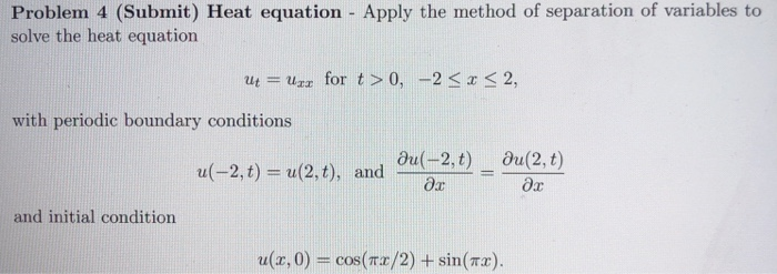 Solved Problem 4 (Submit) Heat equation Apply the method of | Chegg.com