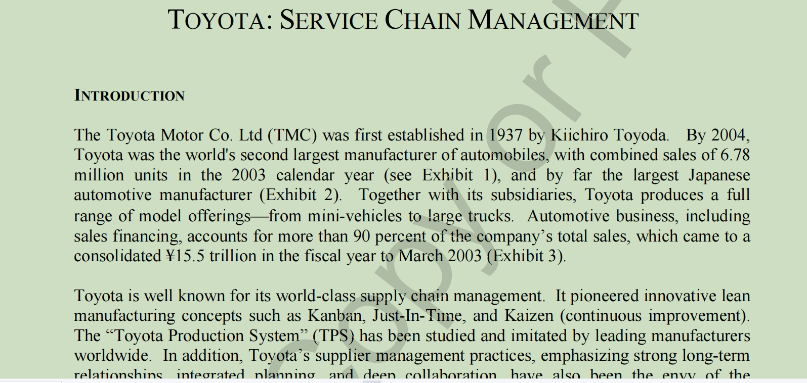 TOYOTA: SERVICE CHAIN MANAGEMENT INTRODUCTION The | Chegg.com