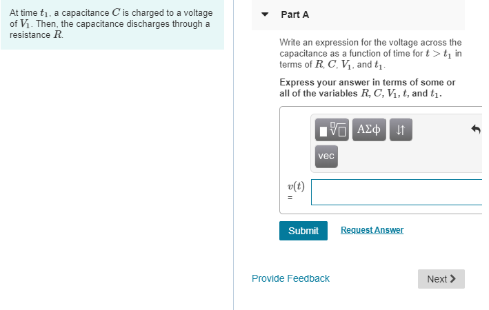Solved At time t1, a capacitance C is charged to a voltage | Chegg.com