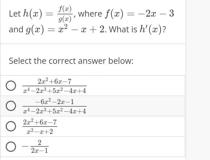 Solved Let h(x)=g(x)f(x), where f(x)=−2x−3 and g(x)=x2−x+2. | Chegg.com