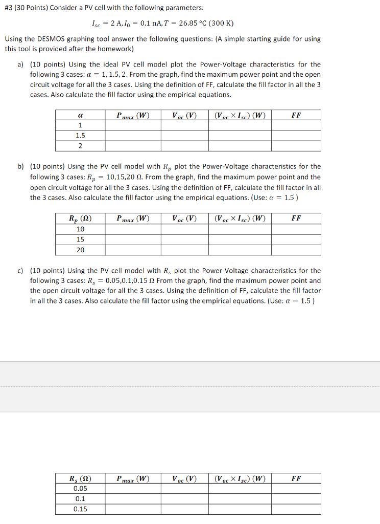 #3 (30 Points) Consider a PV cell with the following | Chegg.com