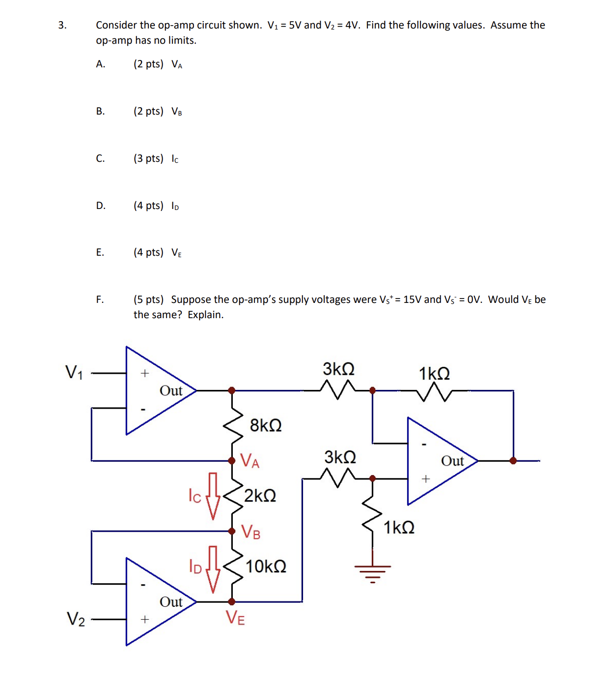 Solved 3. Consider the op-amp circuit shown. V1=5 V and V2=4 | Chegg.com