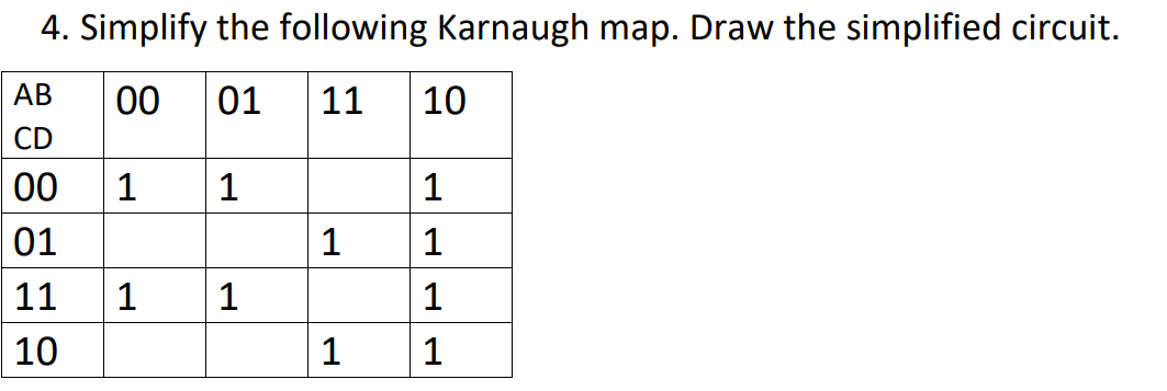 Solved 4. Simplify the following Karnaugh map. Draw the | Chegg.com