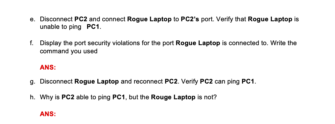 Solved Configuring Switch Port Security Topology Addressing | Chegg.com