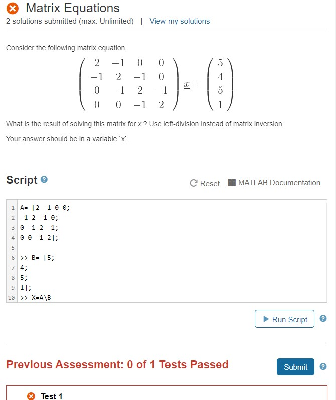 Solved X Matrix Equations 2 solutions submitted (max: | Chegg.com