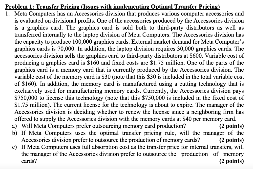 Solved Problem 1: Transfer Pricing (Issues with implementing | Chegg.com