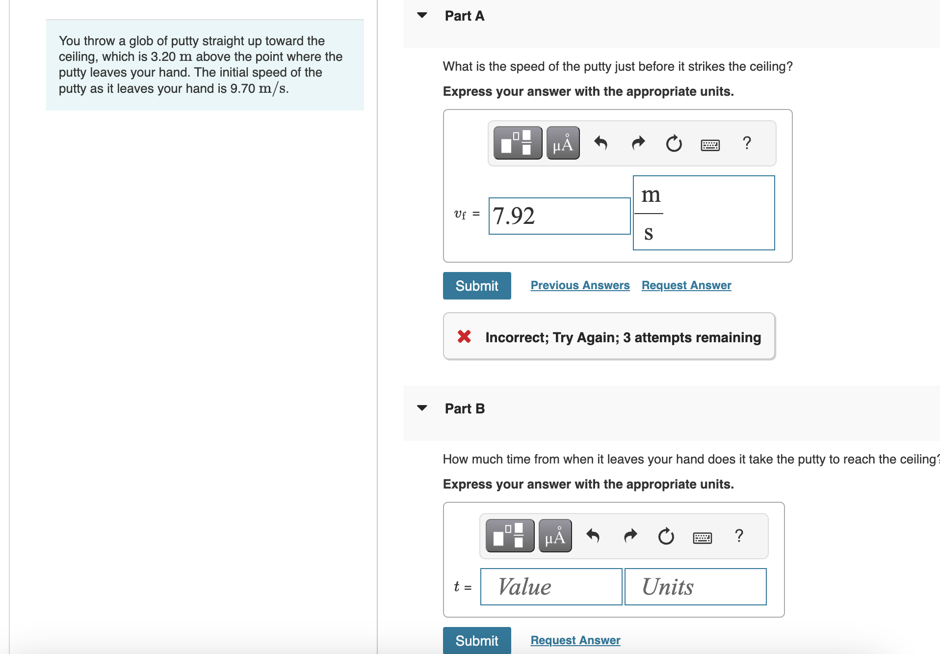 Solved Part AYou throw a glob of putty straight up toward | Chegg.com