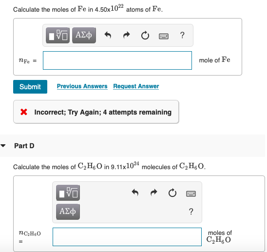 Solved Calculate the moles of Fe in 4.50x1022 atoms of Fe. | Chegg.com