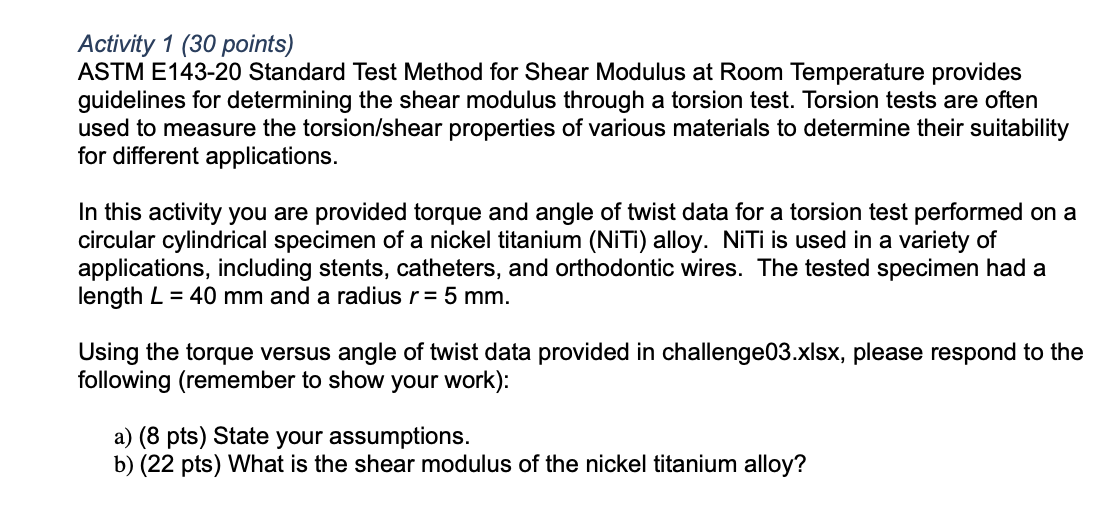 Activity 1 (30 points) ASTM E143-20 Standard Test | Chegg.com