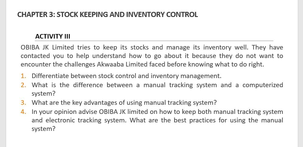 Solved CHAPTER 3: STOCK KEEPING AND INVENTORY CONTROL | Chegg.com