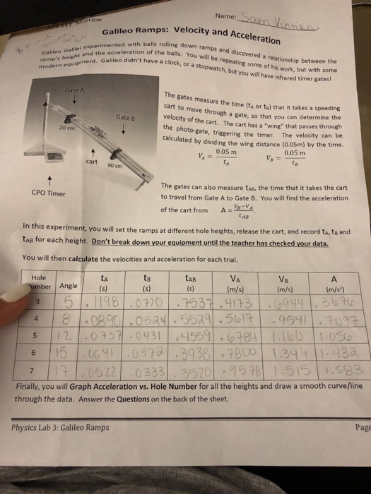Solved Name: Ramps: Velocity and Acceleration down ramps and | Chegg.com