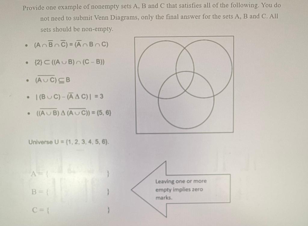 Solved Provide one example of nonempty sets A, B and C that | Chegg.com