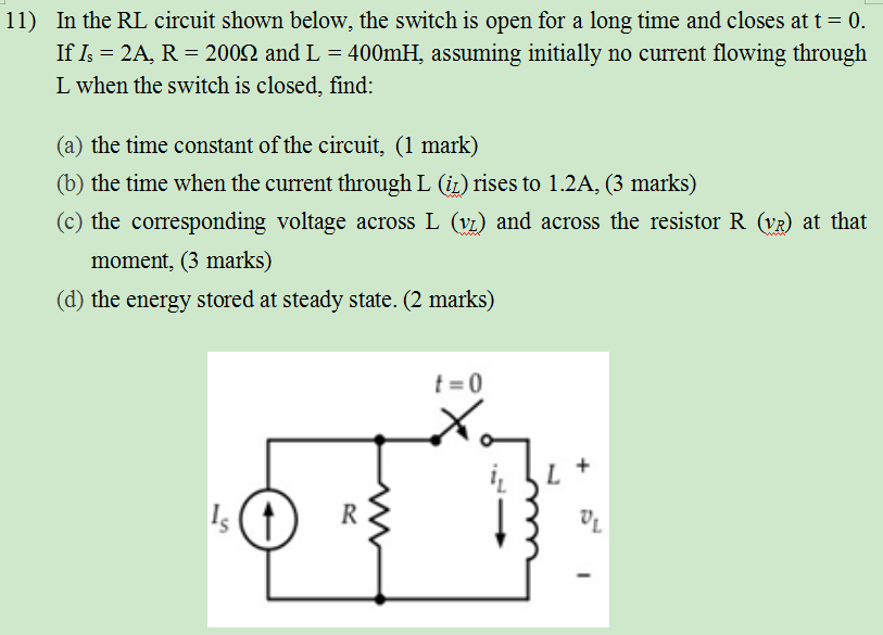 Solved 11) In the RL circuit shown below, the switch is open | Chegg.com