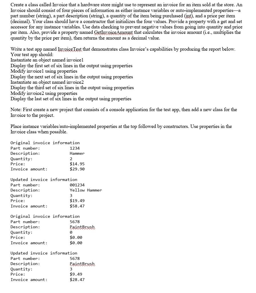 Solved Create a class called Invoice that a hardware store | Chegg.com