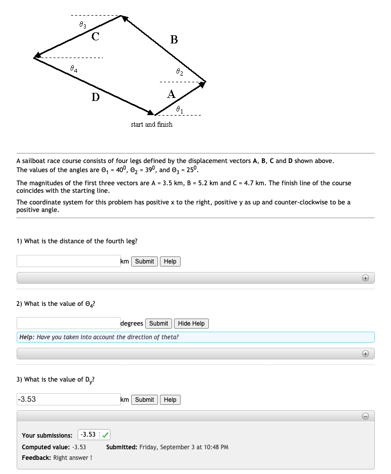 Solved A sailboat race course consists of four legs defined | Chegg.com