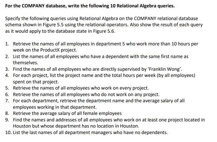 Solved For the COMPANY database, write the following 10 | Chegg.com