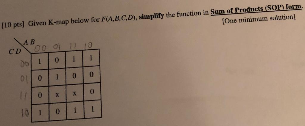 Solved [10 pts) Given K-map below for F(A,B,C,D), simplify | Chegg.com
