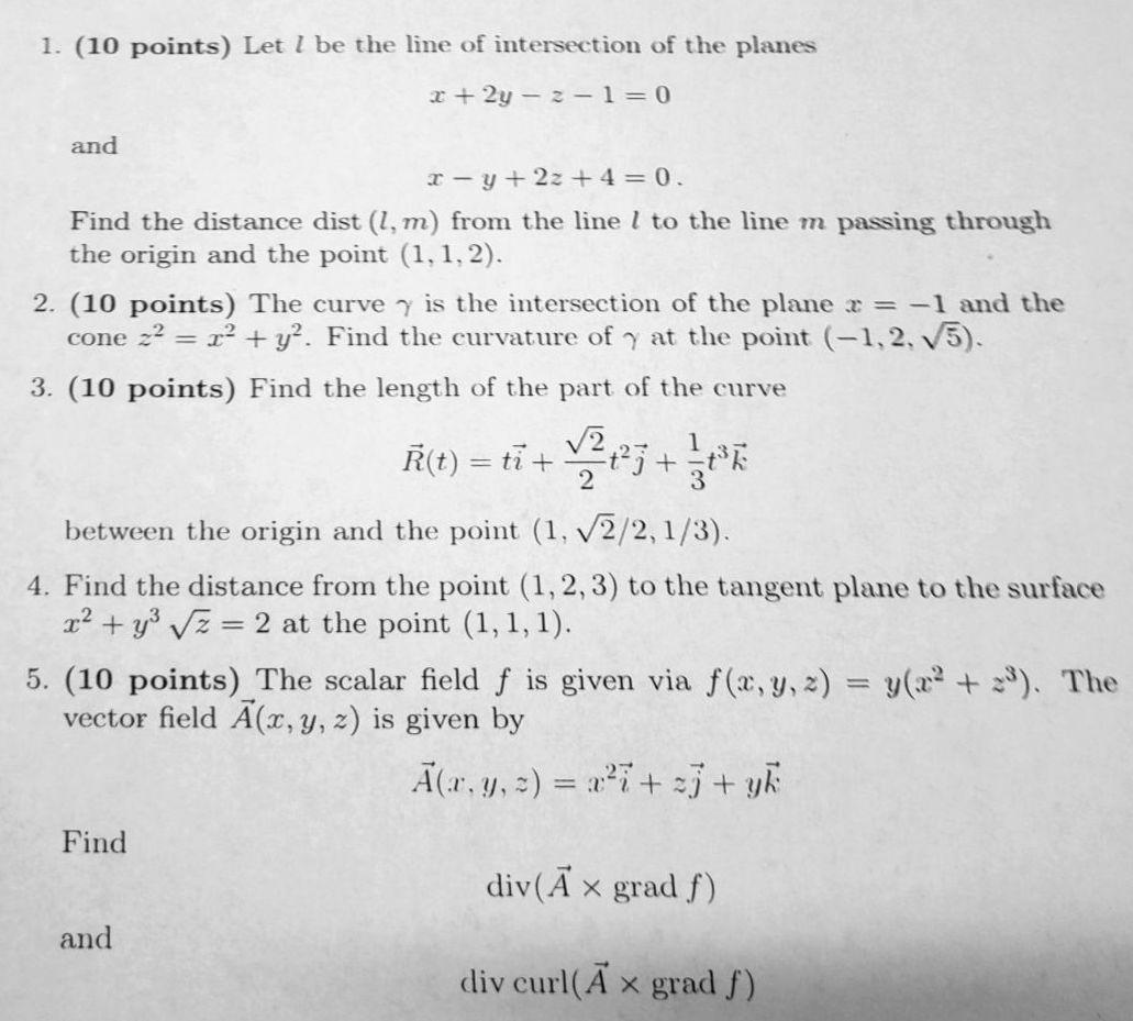 Solved 1. (10 points) Let l be the line of intersection of | Chegg.com