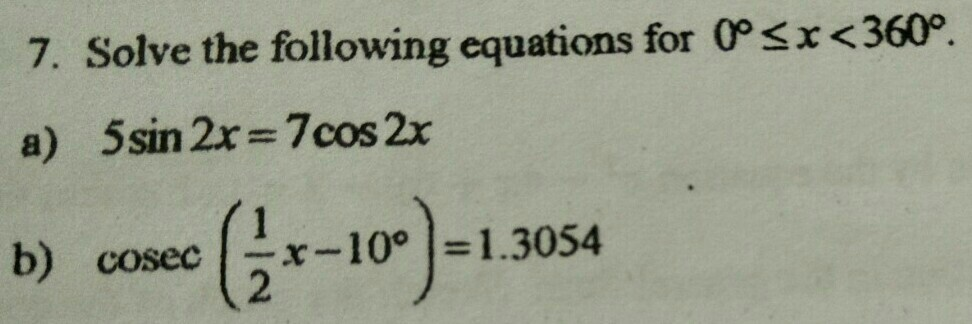 Solved 7. Solve the following equations for 0° | Chegg.com