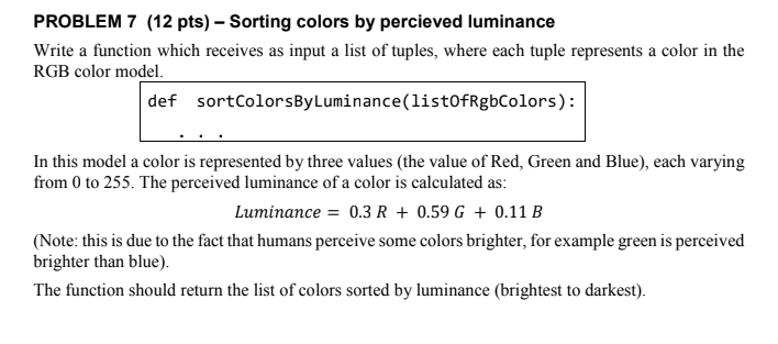 Solved PROBLEM 7 (12 pts) - Sorting colors by percieved | Chegg.com
