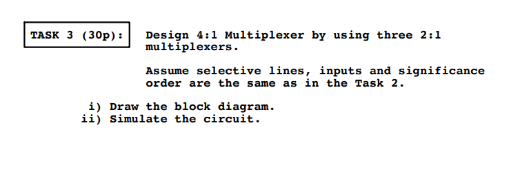 Solved TASK 3 (30p) : Design 4:1 Multiplexer by using three | Chegg.com