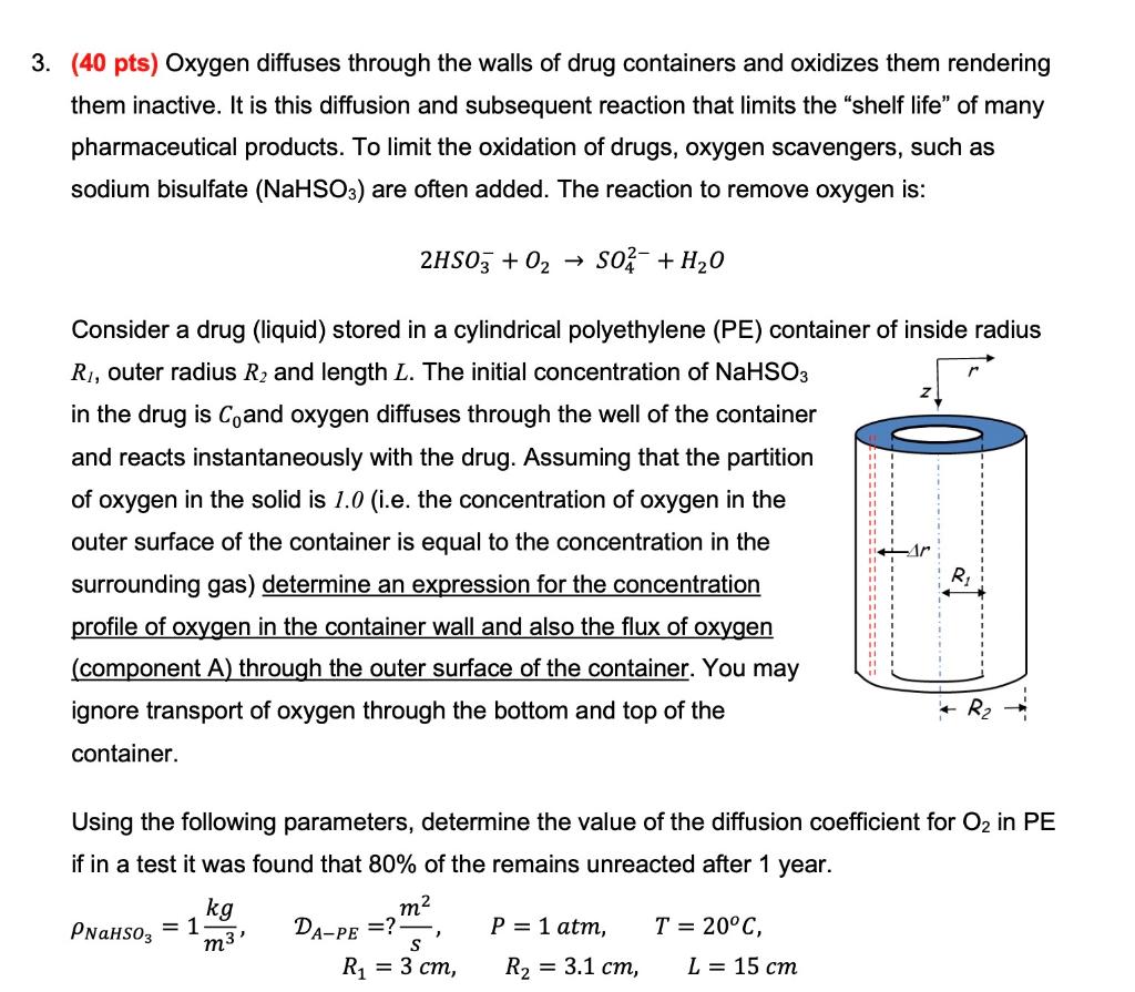 Solved (40 pts) Oxygen diffuses through the walls of drug | Chegg.com