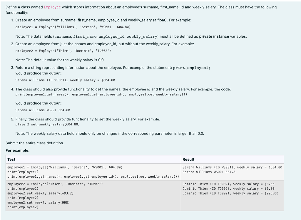 Solved Define a class named Employee which stores | Chegg.com