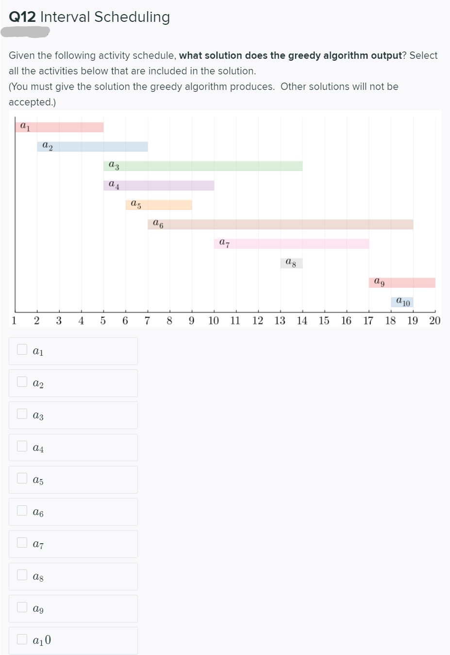 Solved Q12 Interval Scheduling Given the following activity | Chegg.com