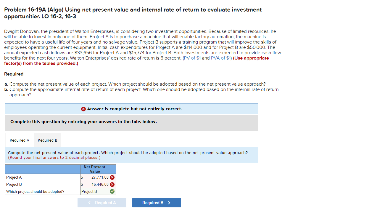 Solved Problem 16-19A (Algo) Using net present value and | Chegg.com