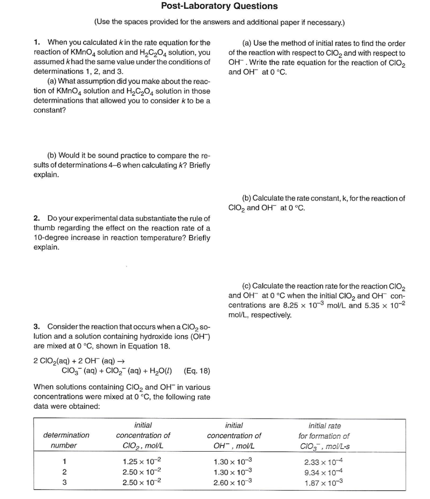 Solved Post-Laboratory Questions (Use the spaces provided | Chegg.com