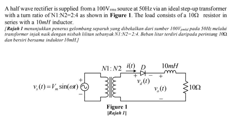 Solved A half wave rectifier is supplied from a 100Vrms | Chegg.com