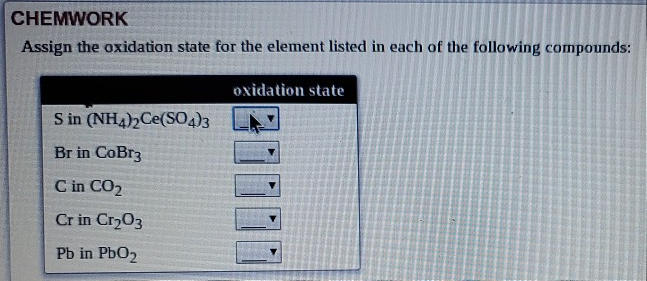 Solved CHEMWORK Assign the oxidation state for the element | Chegg.com