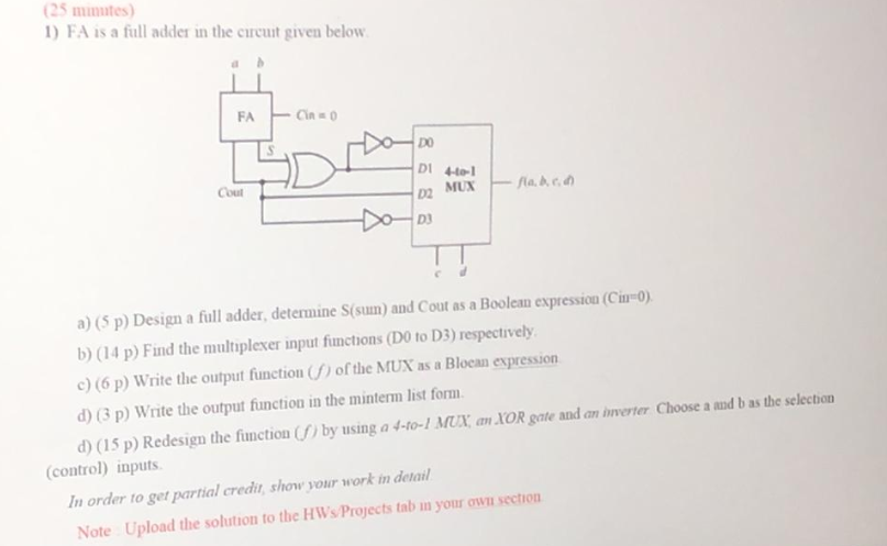 Solved (25 minutes) 1) FA is a full adder in the circuit | Chegg.com