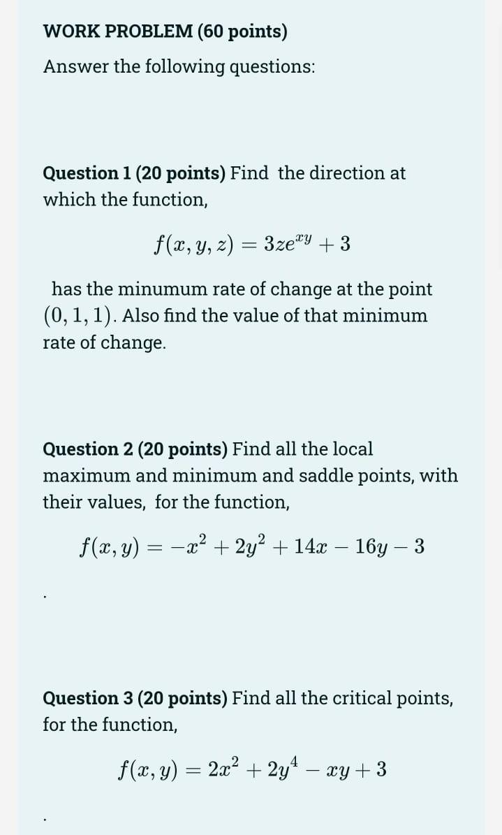 Solved WORK PROBLEM (60 points) Answer the following | Chegg.com