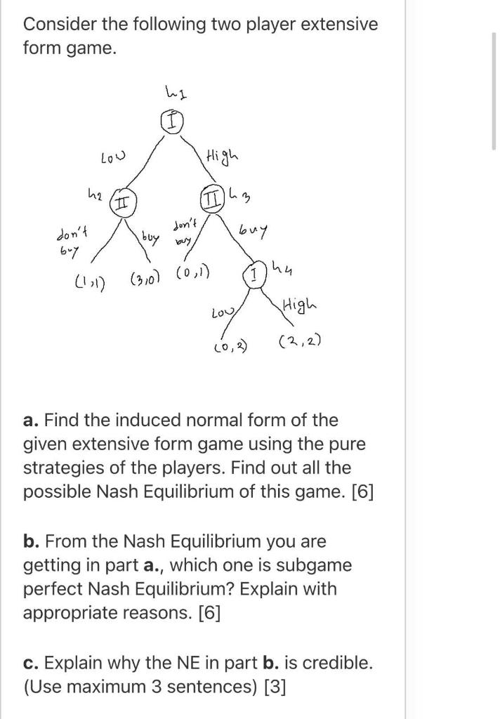 Solved Consider the following two player extensive form | Chegg.com