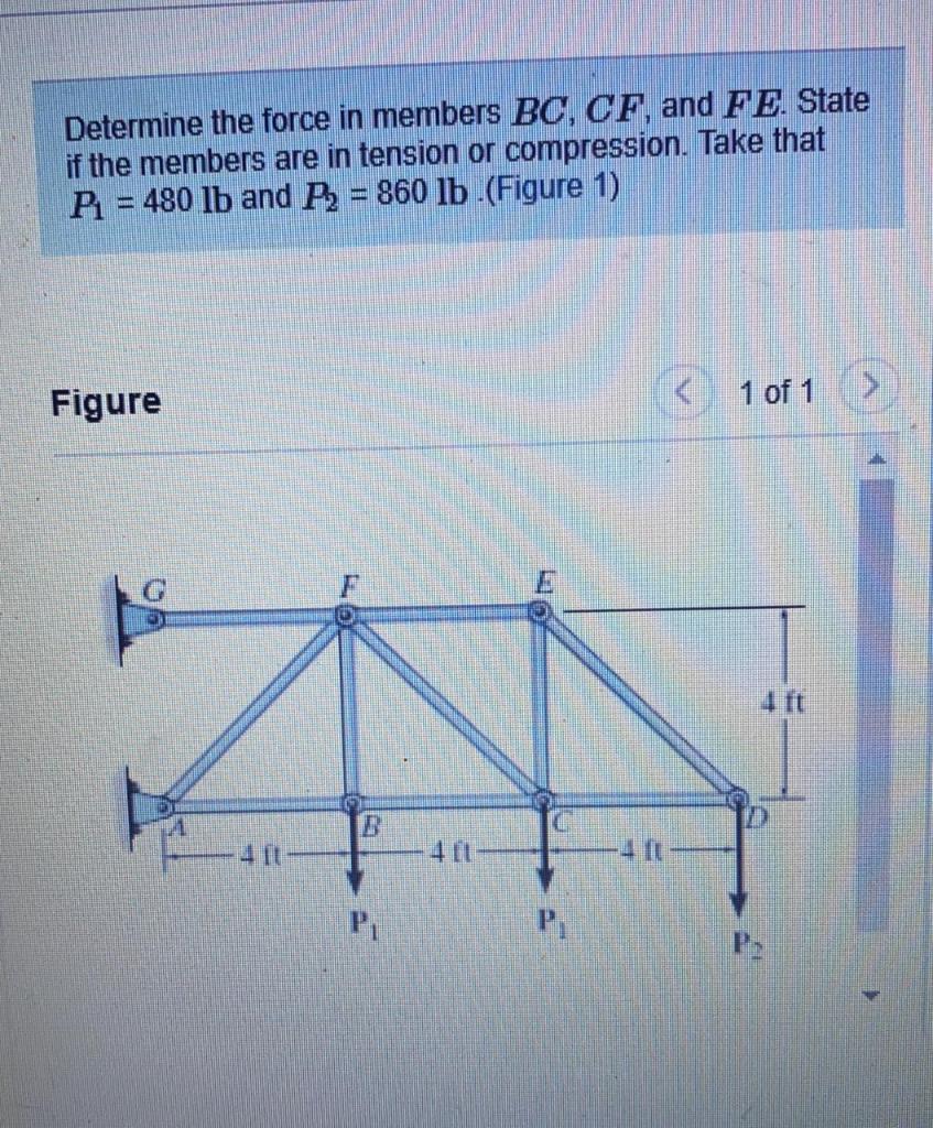 Solved Determine the force in members BC, CF, and FE. State | Chegg.com