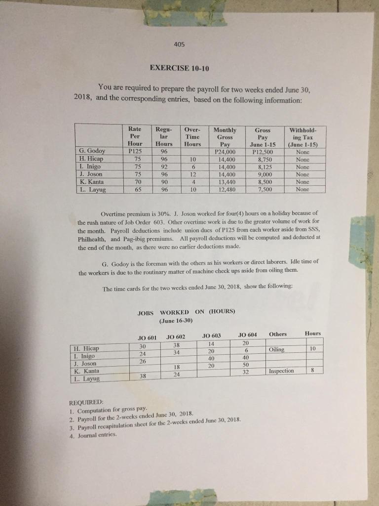 405 EXERCISE 10-10 You are required to prepare the | Chegg.com