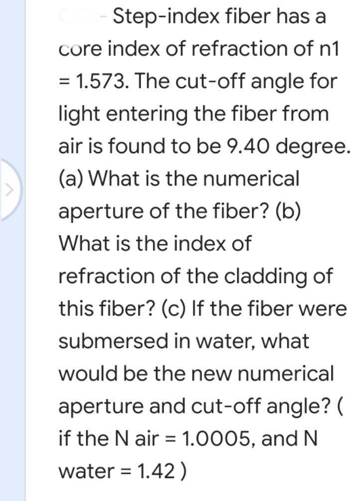 Solved Step-index fiber has a core index of refraction of n1 | Chegg.com