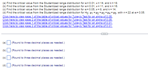 Solved (a) Find the critioal value from the Studentized | Chegg.com
