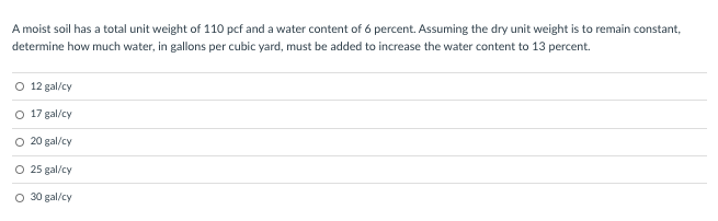 Solved A moist soil has a total unit weight of 110 pcf and a | Chegg.com