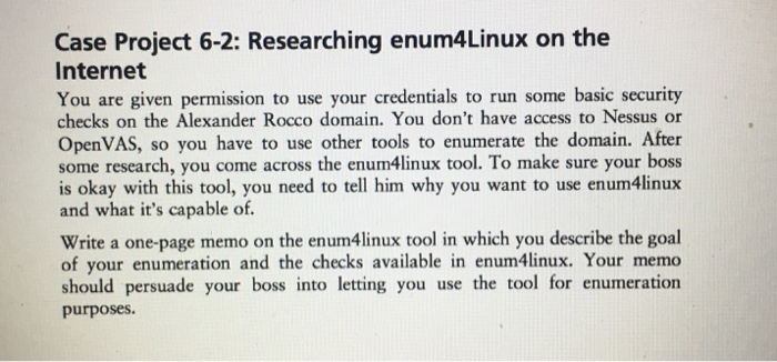 Solved Case Project 6-2: Researching enum4Linux on the | Chegg.com